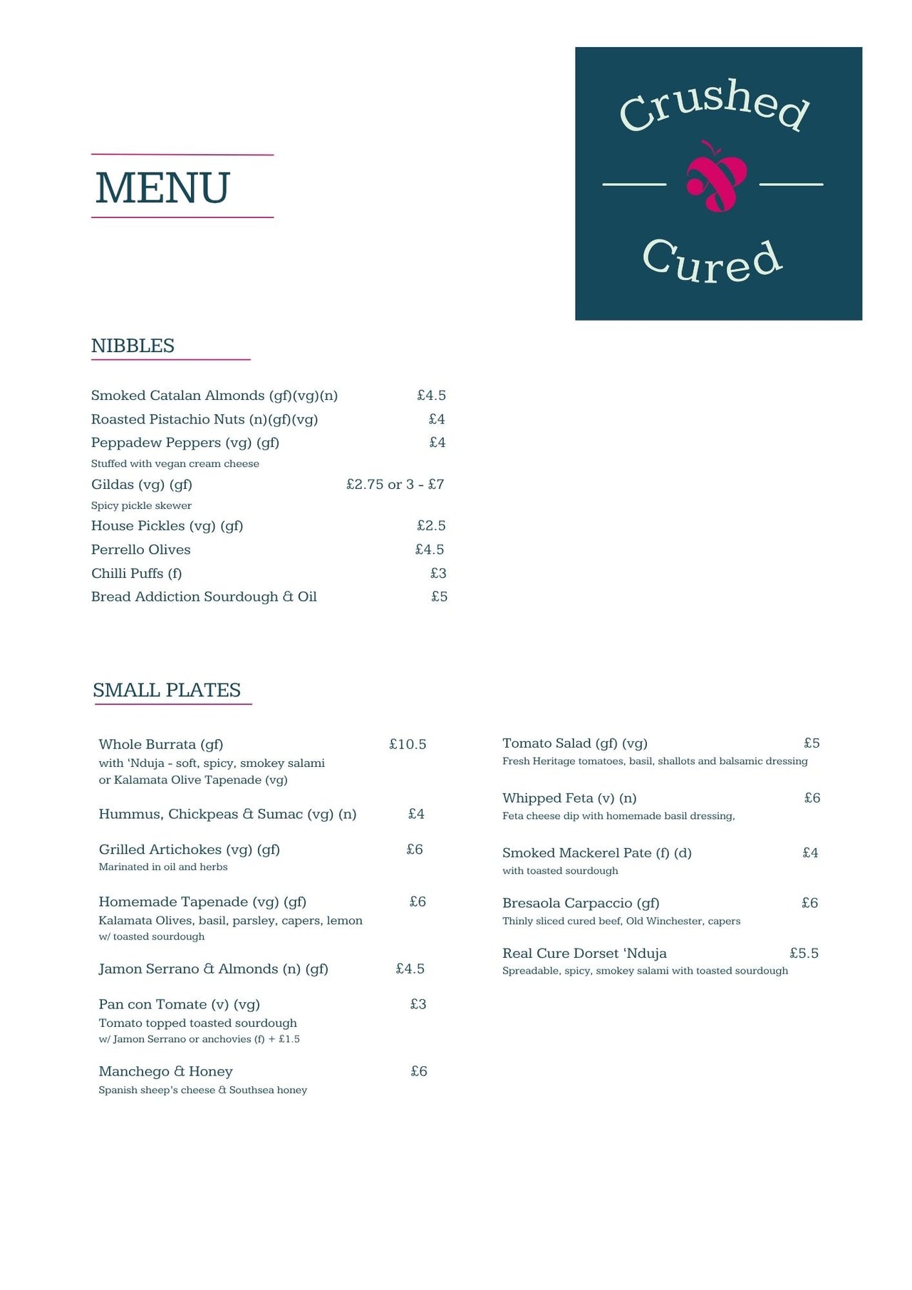 Food Menu – Crushed & Cured